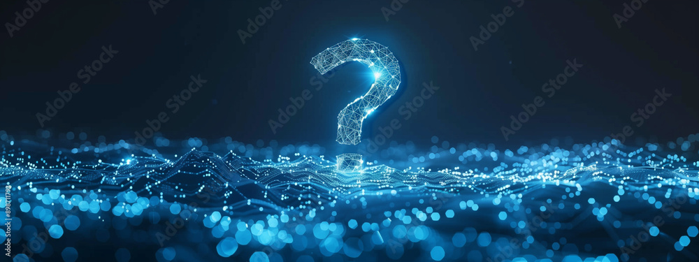 Digital wireframe question mark with glowing particles on abstract blue ...