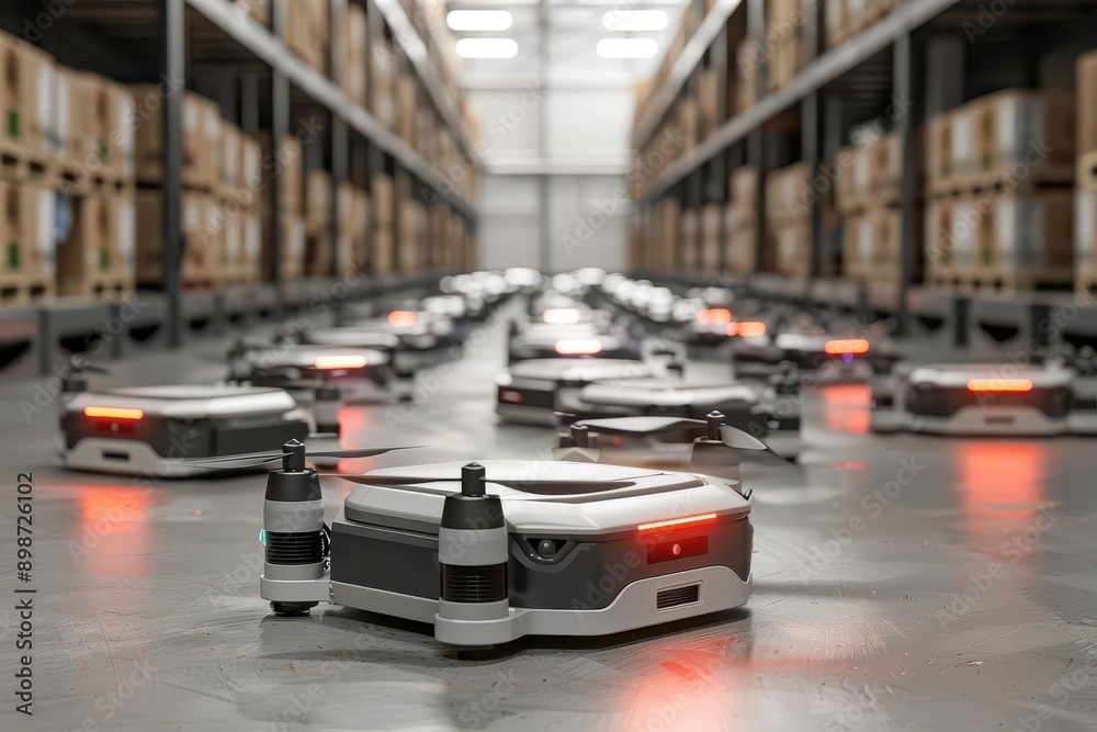 automated warehouse with swarms of delivery drones and aipowered inventory management robots ...
