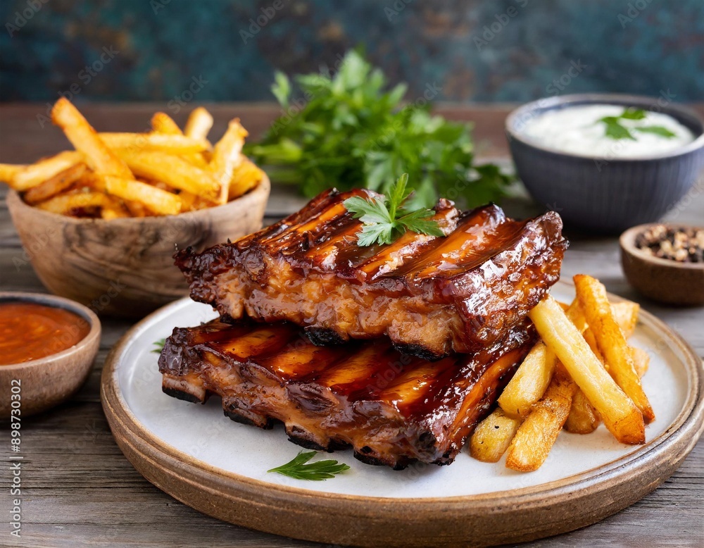 Two racks of barbecued pork baby back ribs with french fries and ...