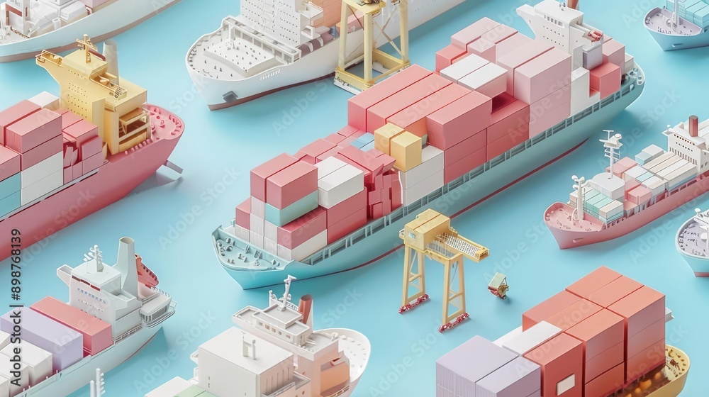 Pastel-toned cargo logistics 3D render, import-export logistics, flat ...