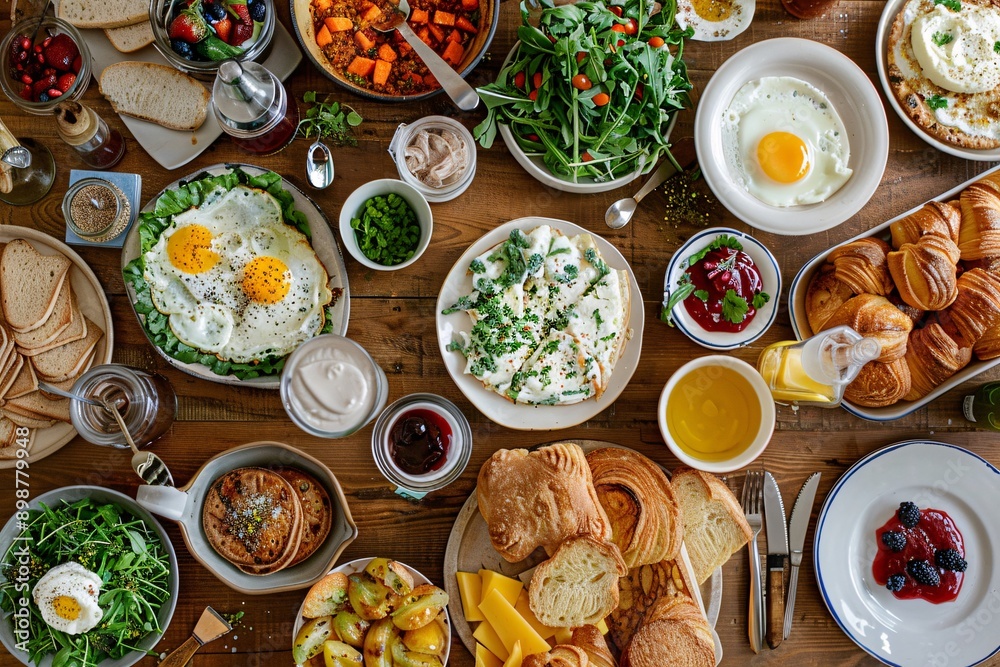 Brunch spread with a variet of dishes pastries. Village Breakfast with ...