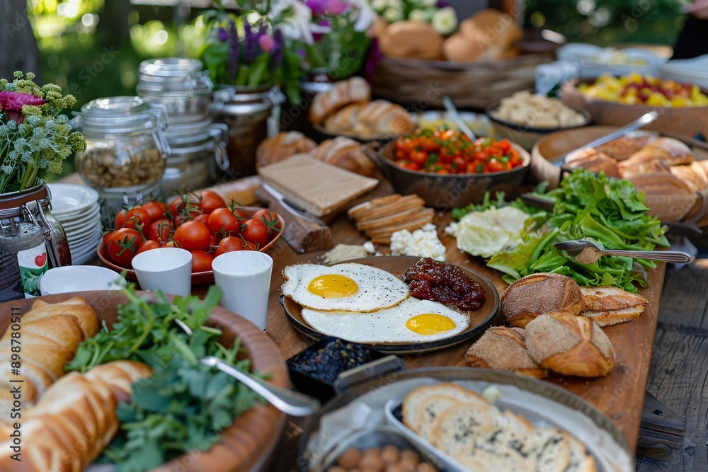 Brunch spread with a variet of dishes pastries. Village Breakfast with ...