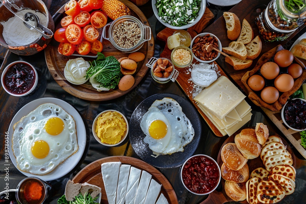 Brunch spread with a variet of dishes pastries. Village Breakfast with ...