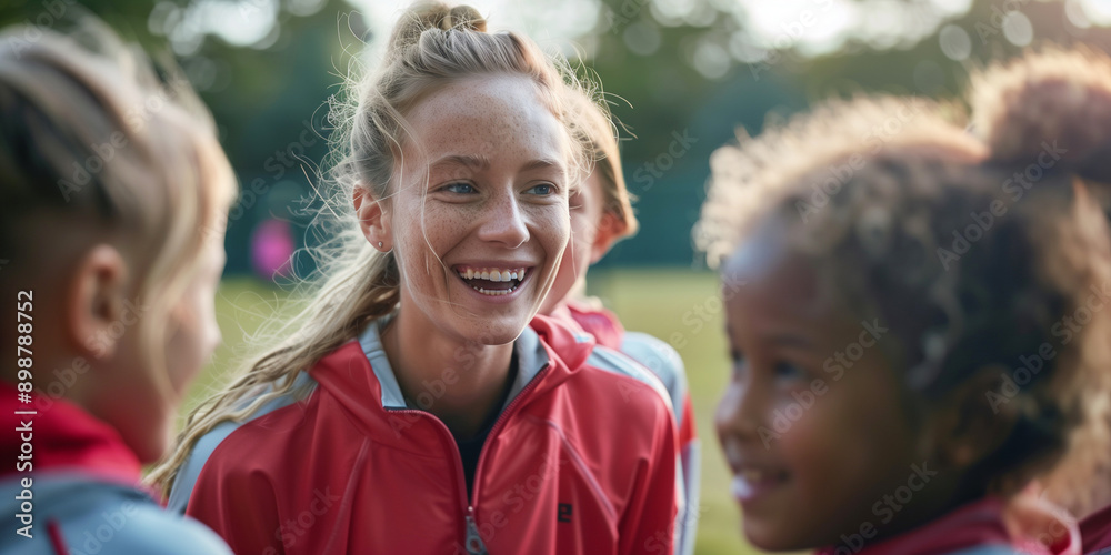 Trainerin mit Kindern auf dem Sportplatz Stock Photo | Adobe Stock