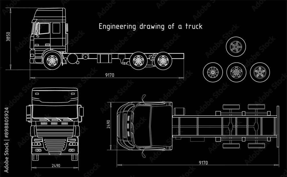 Vector engineering drawing of truck with trailer with dimensional lines ...