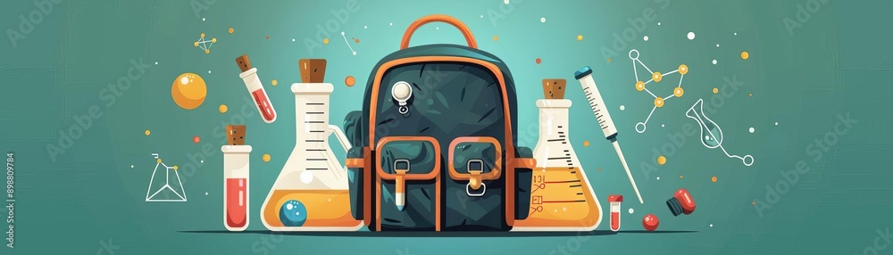 Flat design of a backpack with science equipment like beakers, test ...