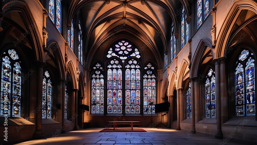 Majestic Interior of a Gothic Cathedral with Intricate Stained Glass Windows and High Vaulted ...