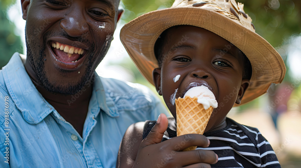 Father and son enjoying eating ice cream cones joyful family moment ...