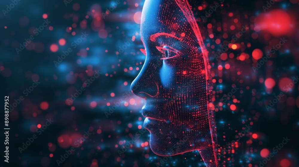 Artificial Intelligence Large Language Model (LLM). Female head with human face matrix digital ...