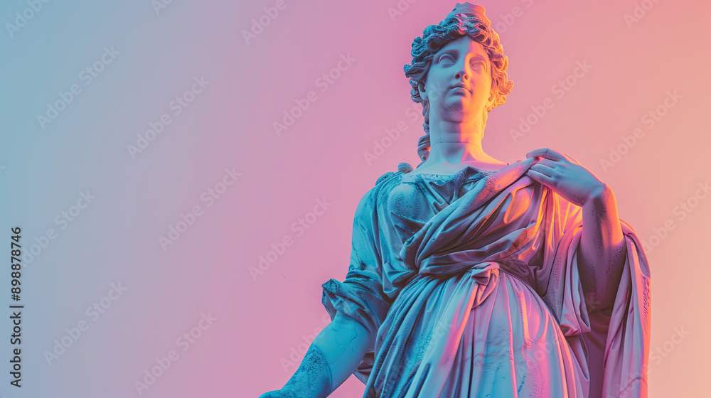 Gypsum statue of a proud, happy woman posed on a pastel blue background ...