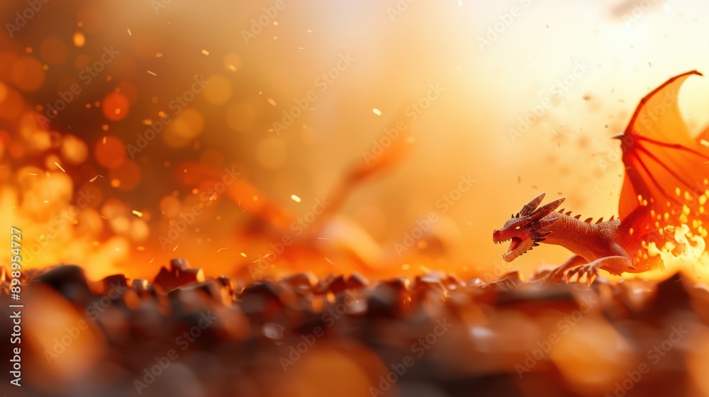 A fierce dragon spreads its wings amidst a blazing inferno, with flames ...