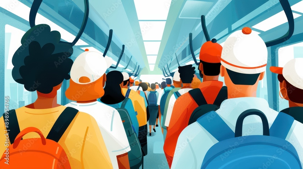 Illustration of a crowded train with passengers standing inside ...