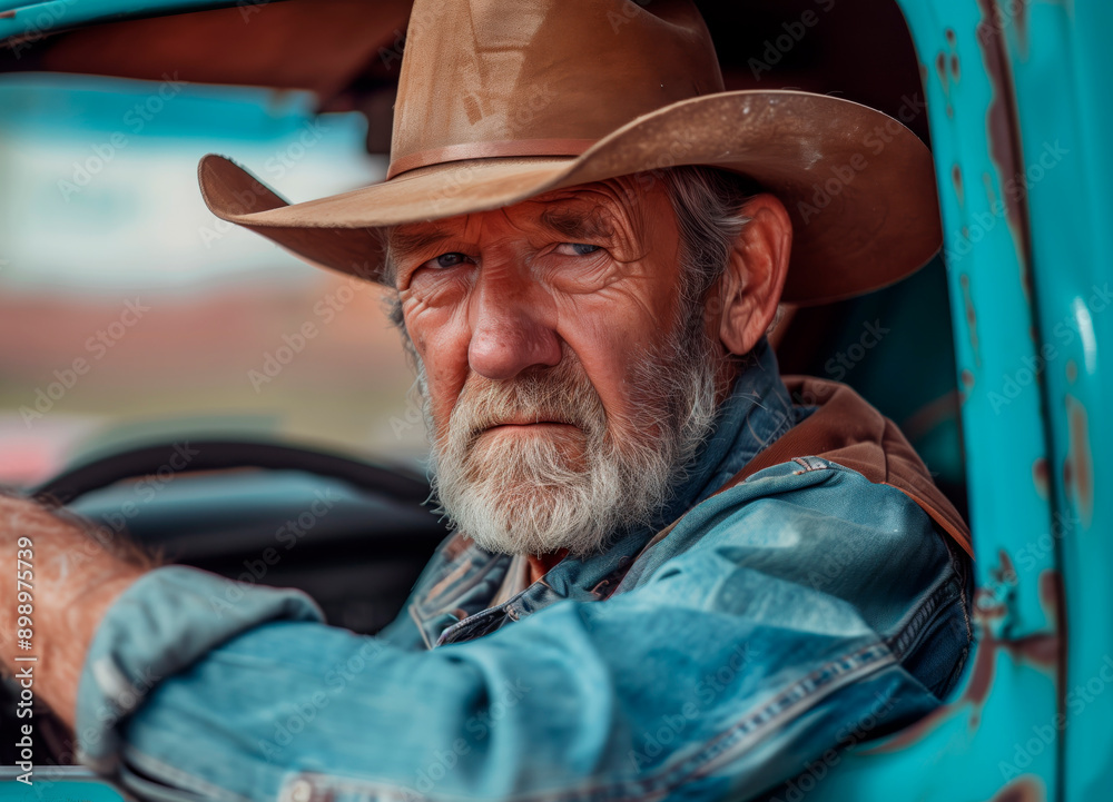 Close-up of a middle-aged cowboy in a pickup truck looking at the ...
