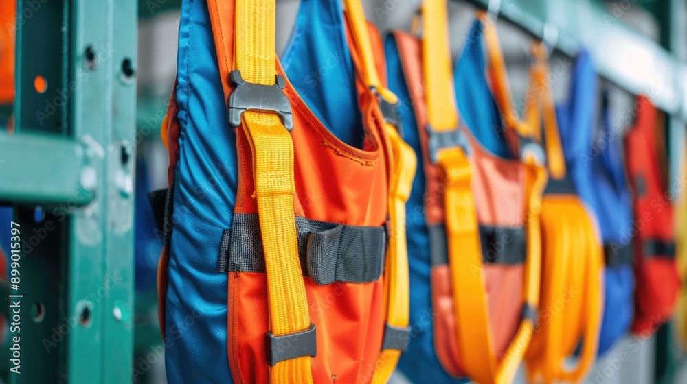 Close up photo of various types of orange blue and yellow safety ...