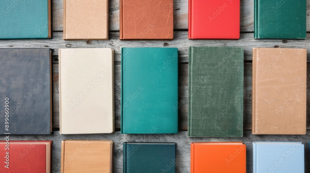 Flat lay arrangement of colorful book covers and reading materials for ...