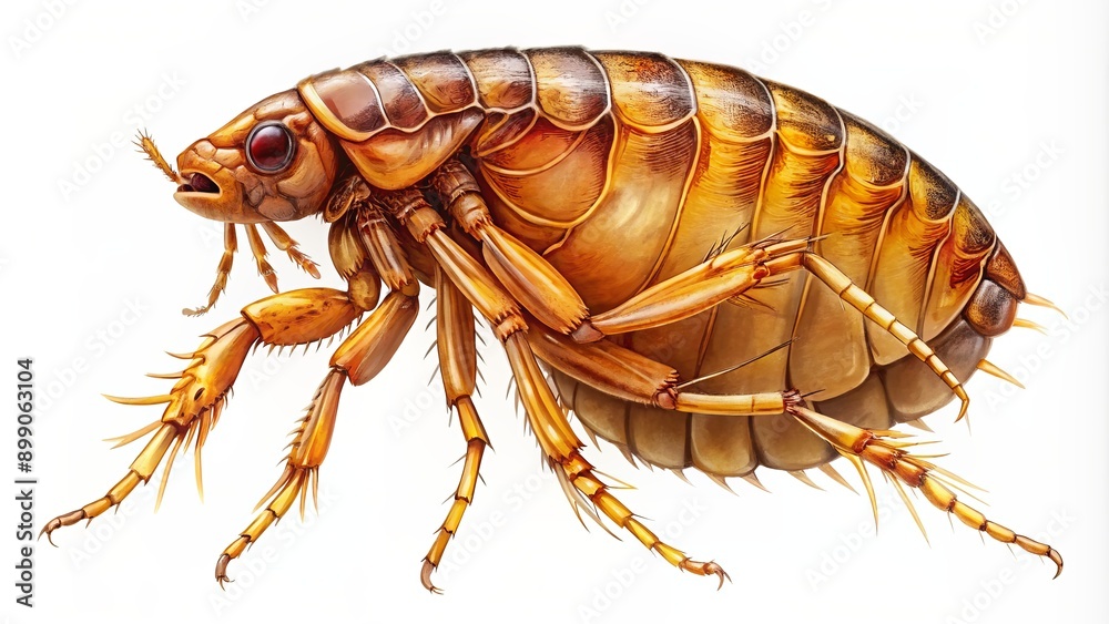 Detailed illustration of a flea parasite, a small, jumping insect, with ...