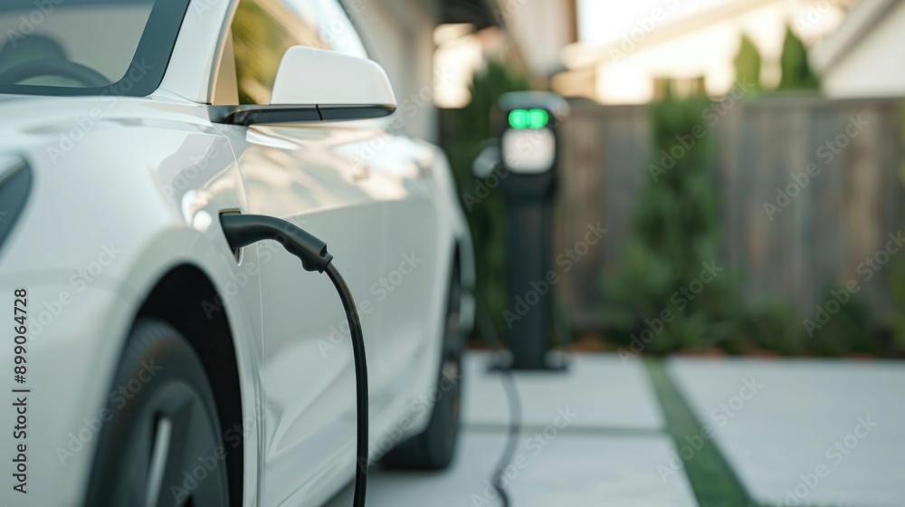 Level 2 electric vehicle charging station installed in a home garage ...