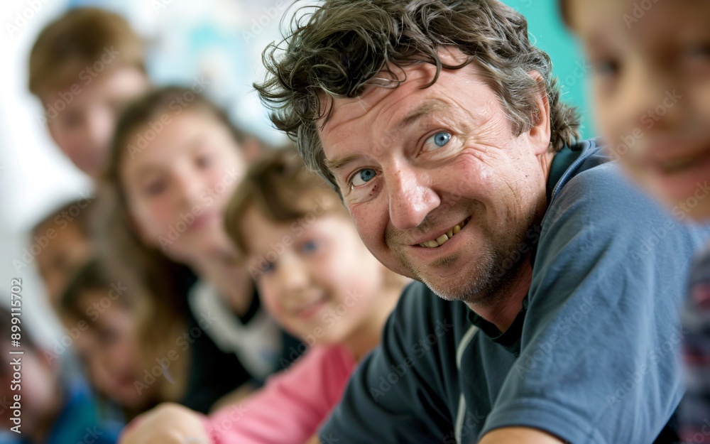 A male teacher, his eyes twinkling with mischief, injects humor into ...