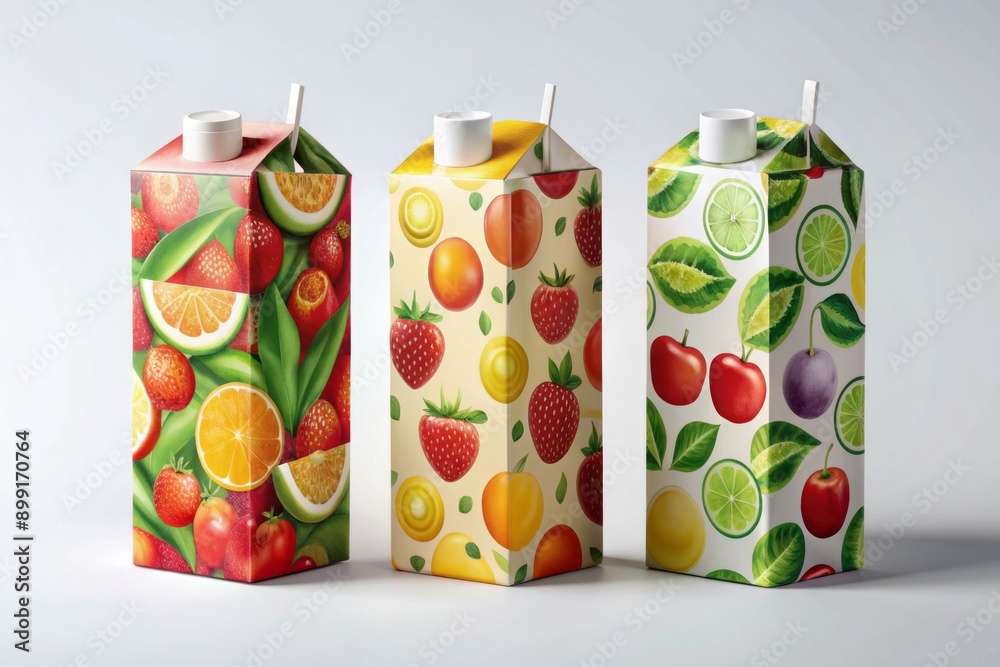 Colorful juice box mockup with vibrant fruit designs on a white ...