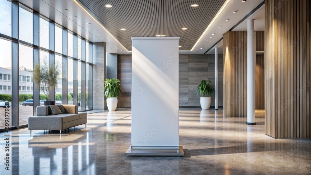 Modern pull-up banner mockup stands isolated in an elegant lobby with a ...