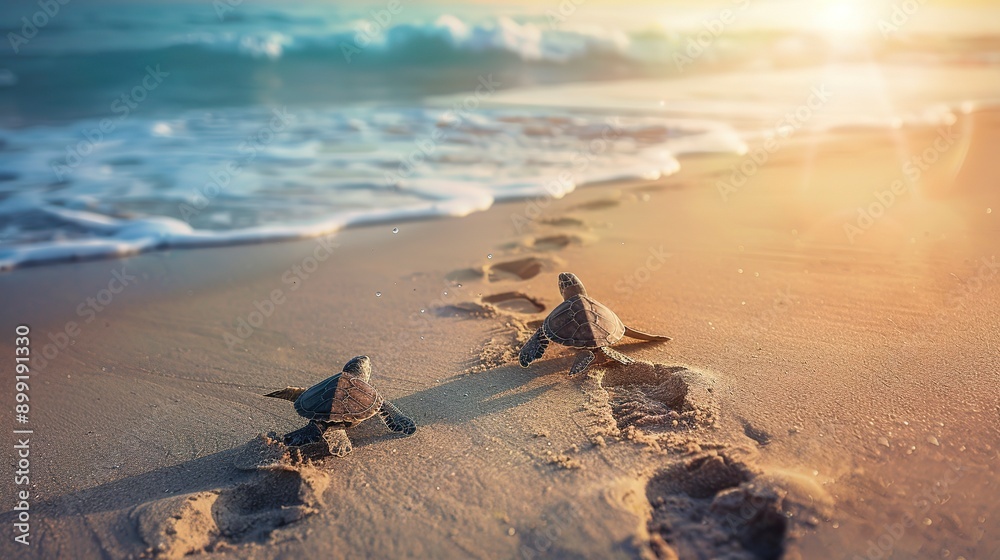 On the sandy beach, a loggerhead sea turtle is crawling towards the ...