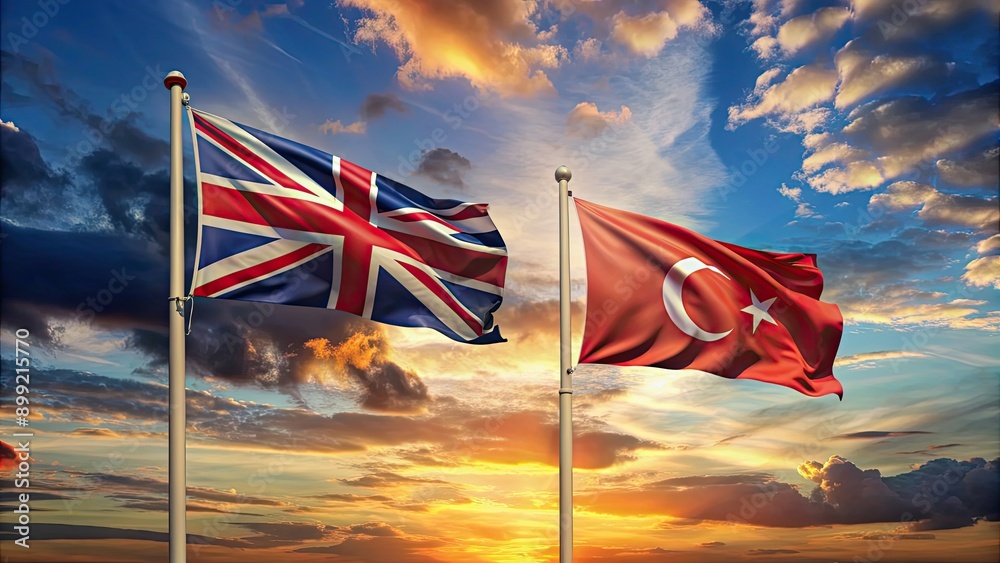 Double flag Turkey and United Kingdom waving against a picturesque sky ...