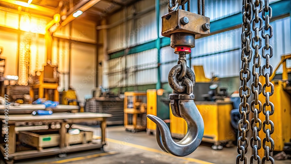Hook and chain attached to a folding manual hydraulic arm in a workshop ...