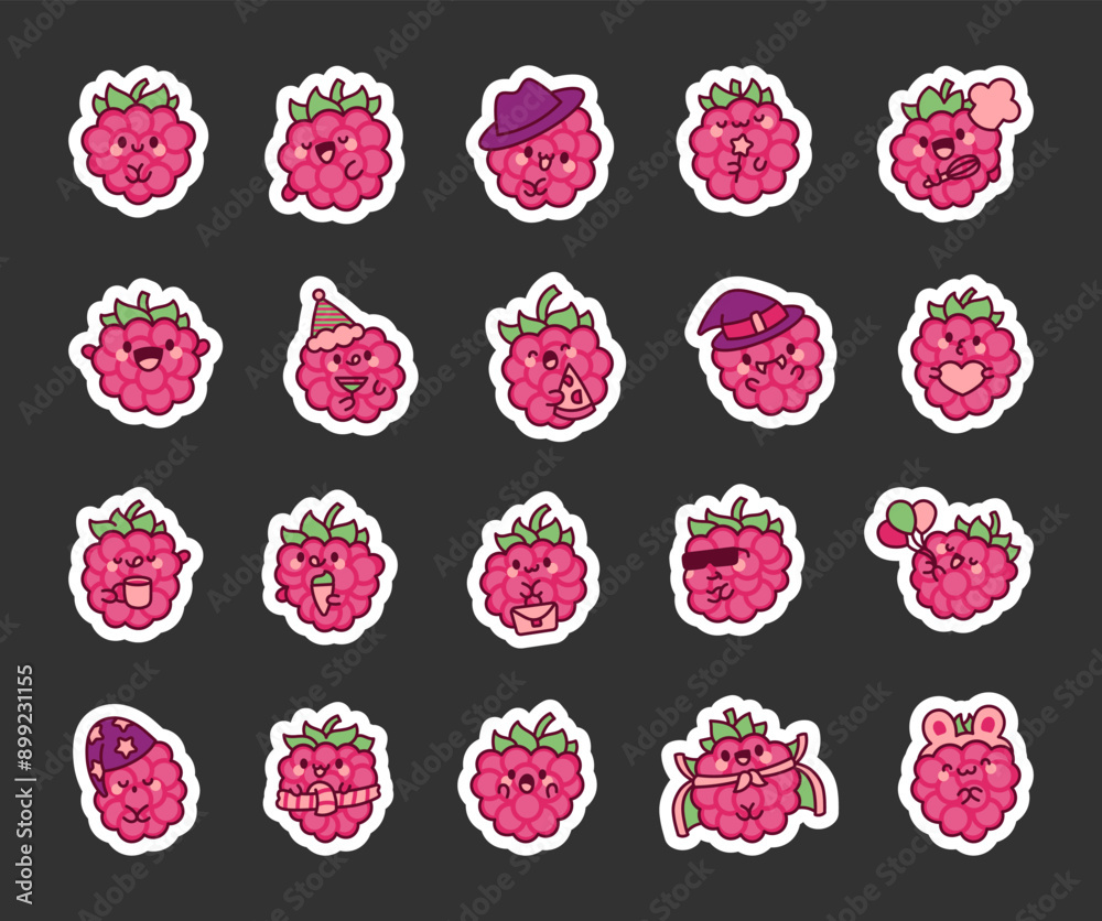 Cute kawaii raspberry. Sticker Bookmark. Adorable summer berry cartoon ...