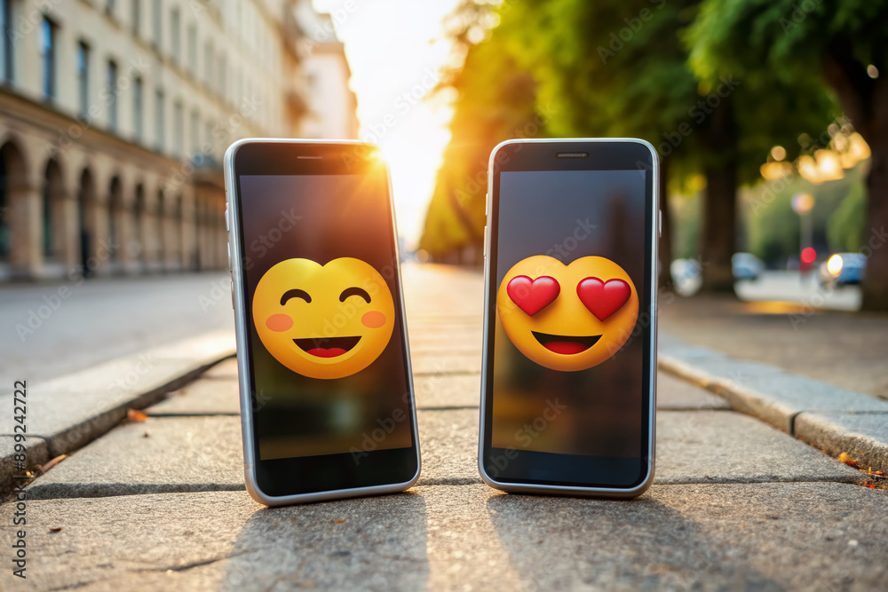 Two mobile phones with identical screens displaying joyous emojis and ...