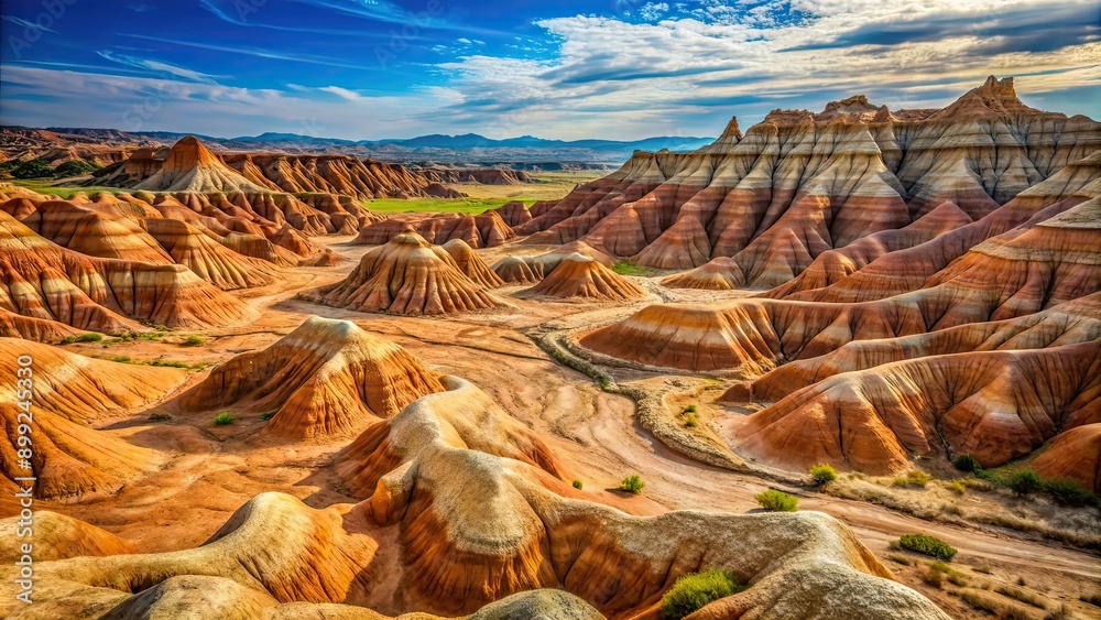 Sculpted terracotta badlands landscape shaped by wind and water erosion ...
