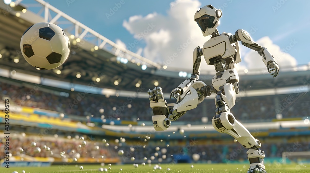 Photo Stock Robot Soccer Player Kicking Ball: A futuristic robot in mid ...