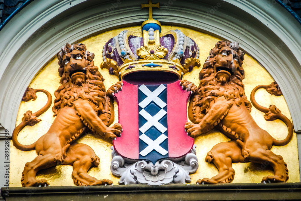 Amsterdam's coat of arms features two rampant lions flanking a central ...