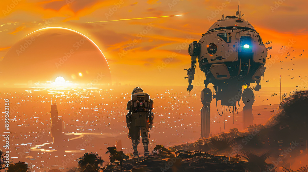 Man and Robot Exploring Alien Colony on New Planet at Sunset, Digital ...