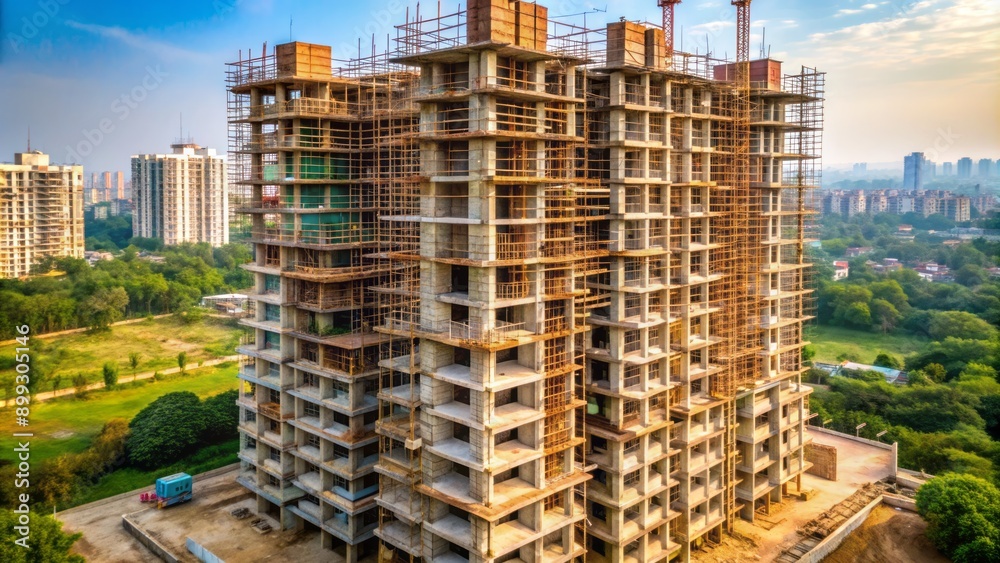 Newly constructed high-rise residential building with brick and ...