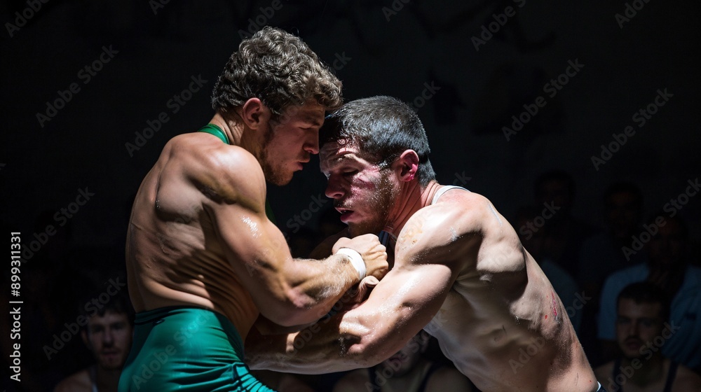 A wrestler grappling with their opponent in the heat of a match. The ...