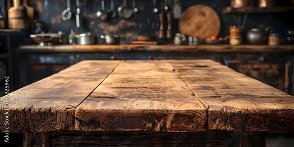 Vintage Wooden Butcher Block Table with Worn Surface in Rustic Kitchen ...