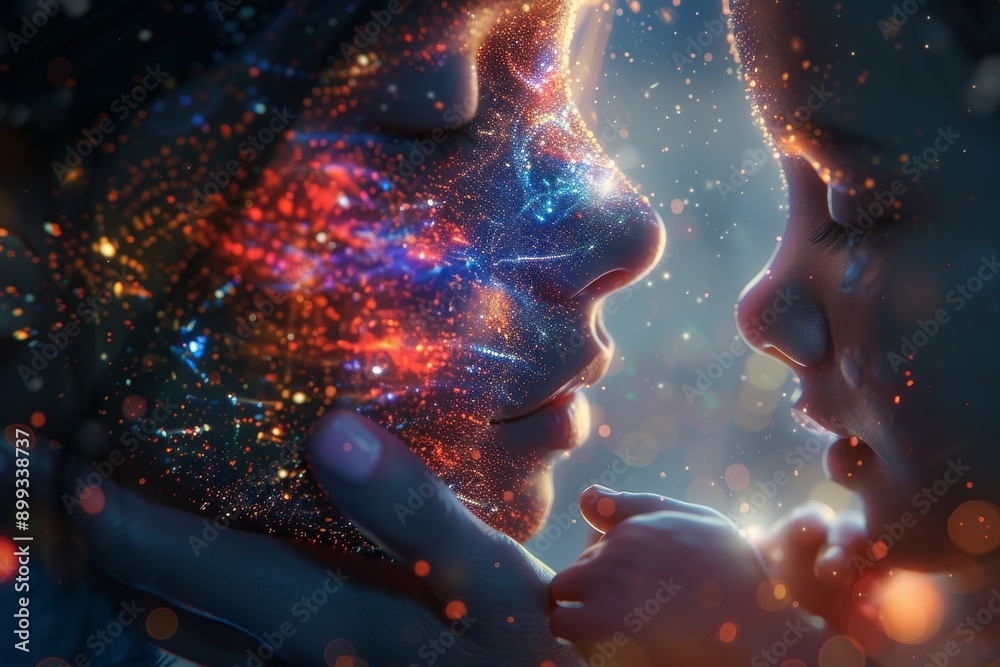Artistic digital interaction between parent and child in a glowing high ...