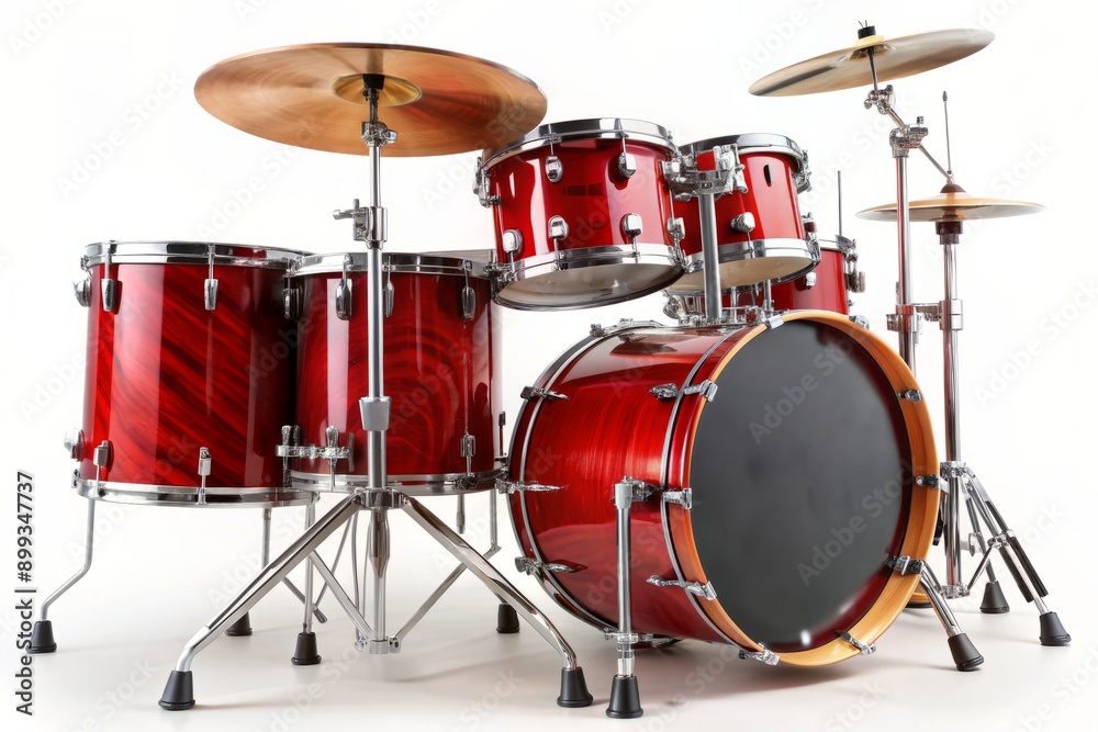 Vibrant red drum set with shiny metal hardware and deep-colored wood ...
