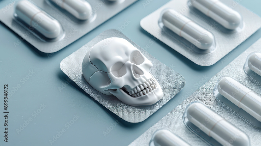 Conceptual image highlighting the dangers of medication with a skull in ...