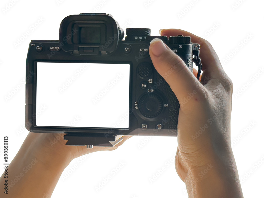 Hand holding Mirrorless camera with white screen isolated on ...