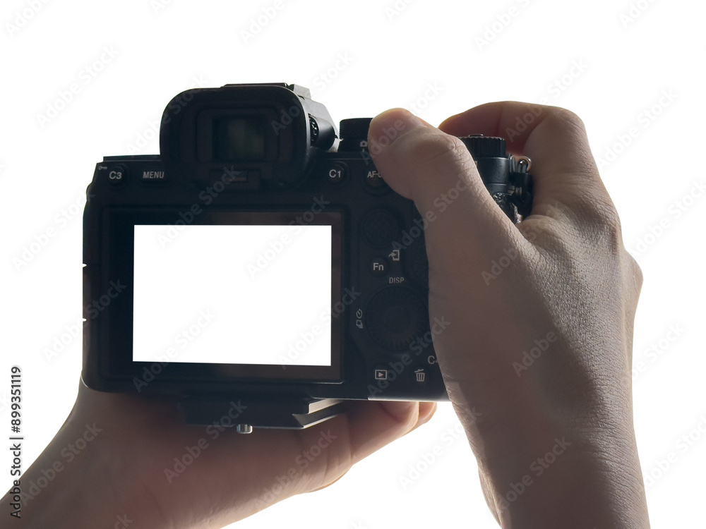 Hand holding Mirrorless camera with white screen isolated on ...