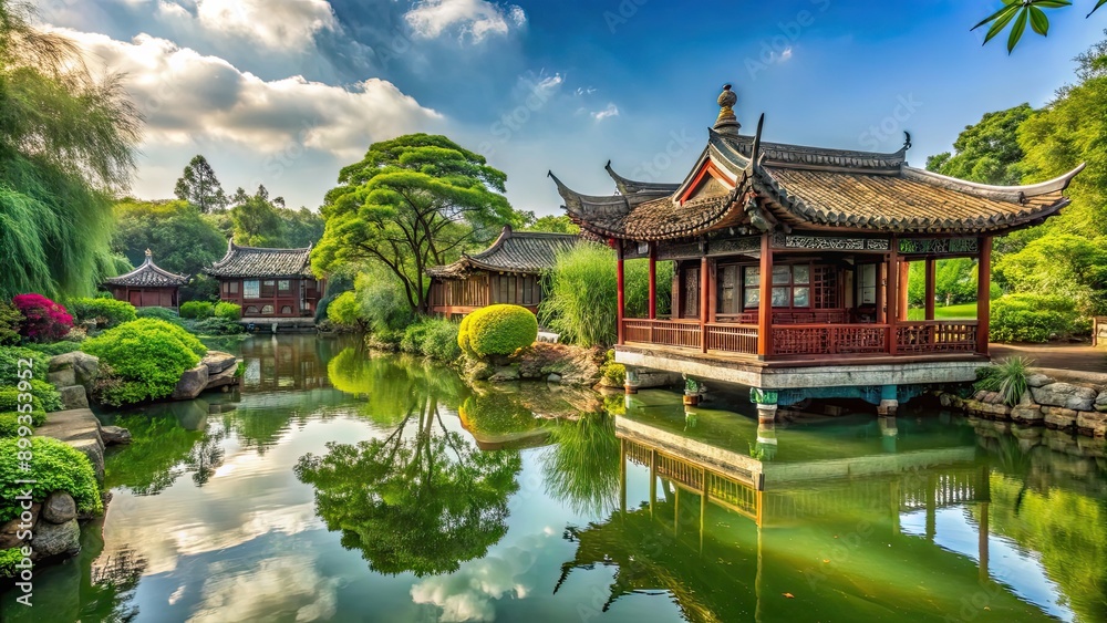 Beautiful scenic river garden featuring traditional Chinese ...