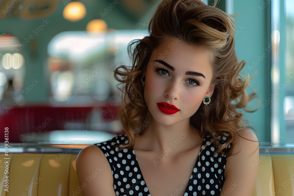 Vintage Pin up Fashion Woman in Retro Diner with Polka Dot Dress ...