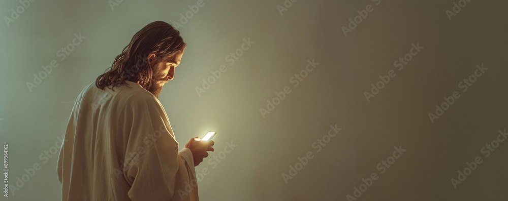 Jesus looking at a smartphone with a glowing screen in a dim ...