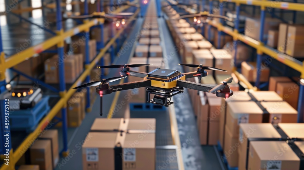 A tech-enabled logistics hub with automated systems and drones managing ...