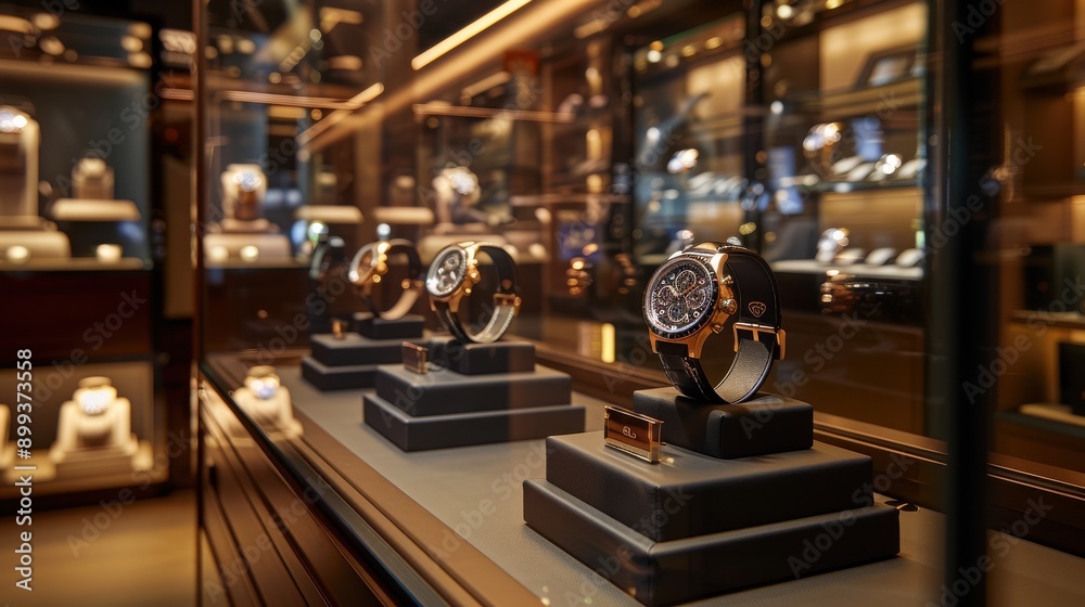 A collection of high-end watches displayed in a luxury retail ...