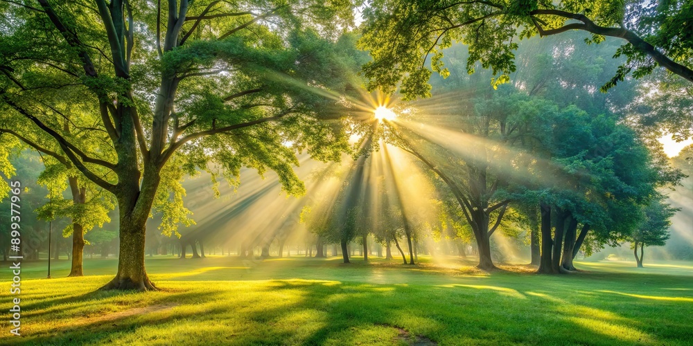 Sun rays shining through summer haze in the park, sun, rays, bright ...