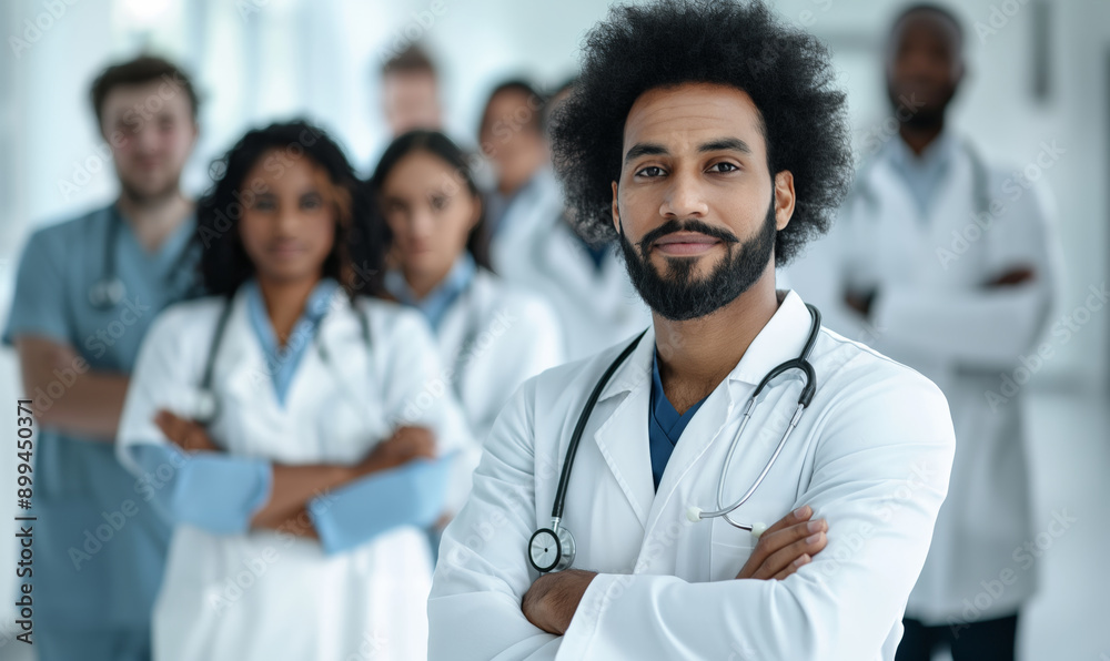Confident young African American male doctor standing with arms crossed ...