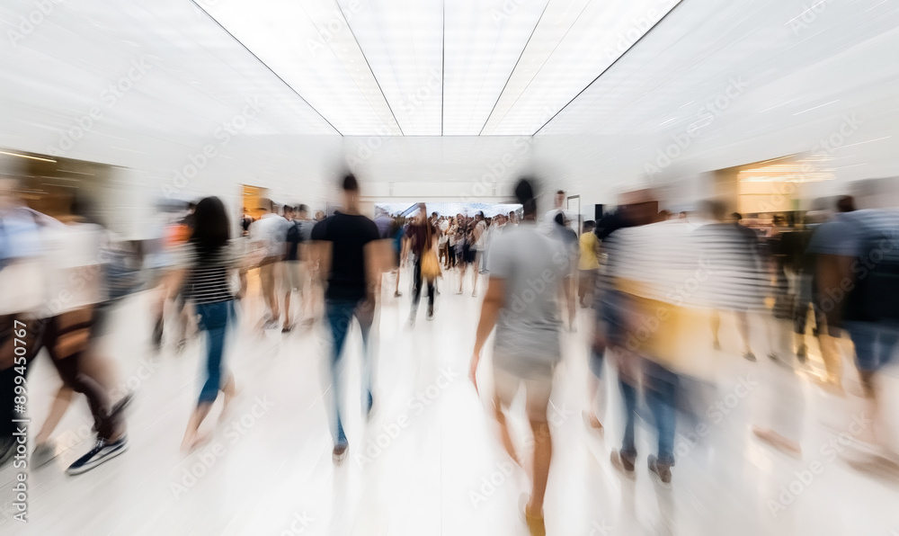 Busy and blurred crowd of people walking in a bright, modern public ...
