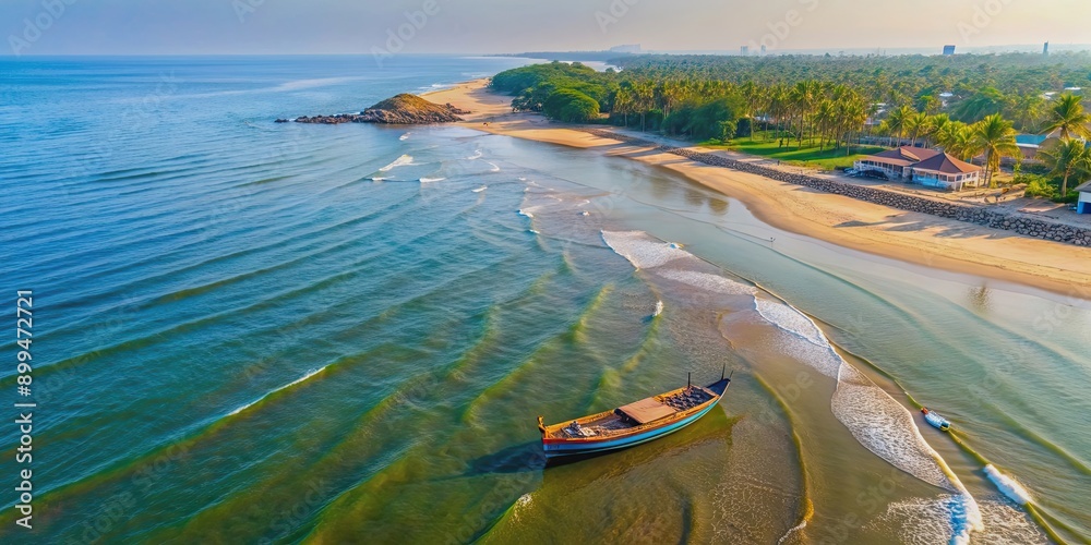 Aerial view of Kihim beach in Alibag, Maharashtra with a fisherman's ...